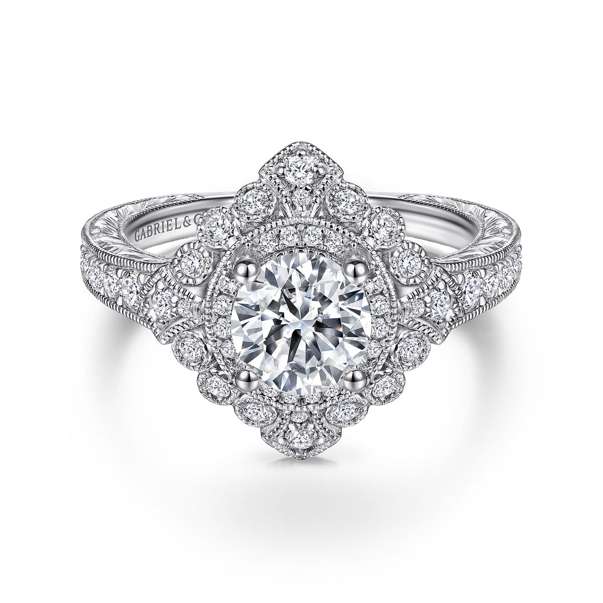 Vintage Inspired 14K White Gold Round Double Halo Diamond Engagement R ...
