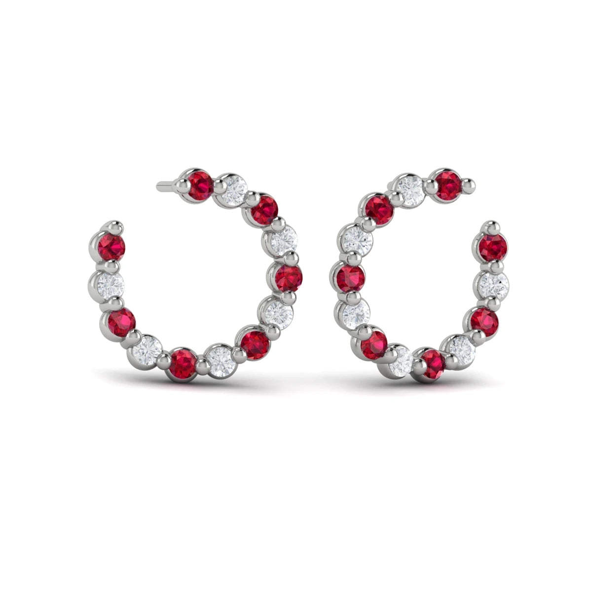 Forward-facing Diamond and Ruby Open Hoop Earrings Platinum ...