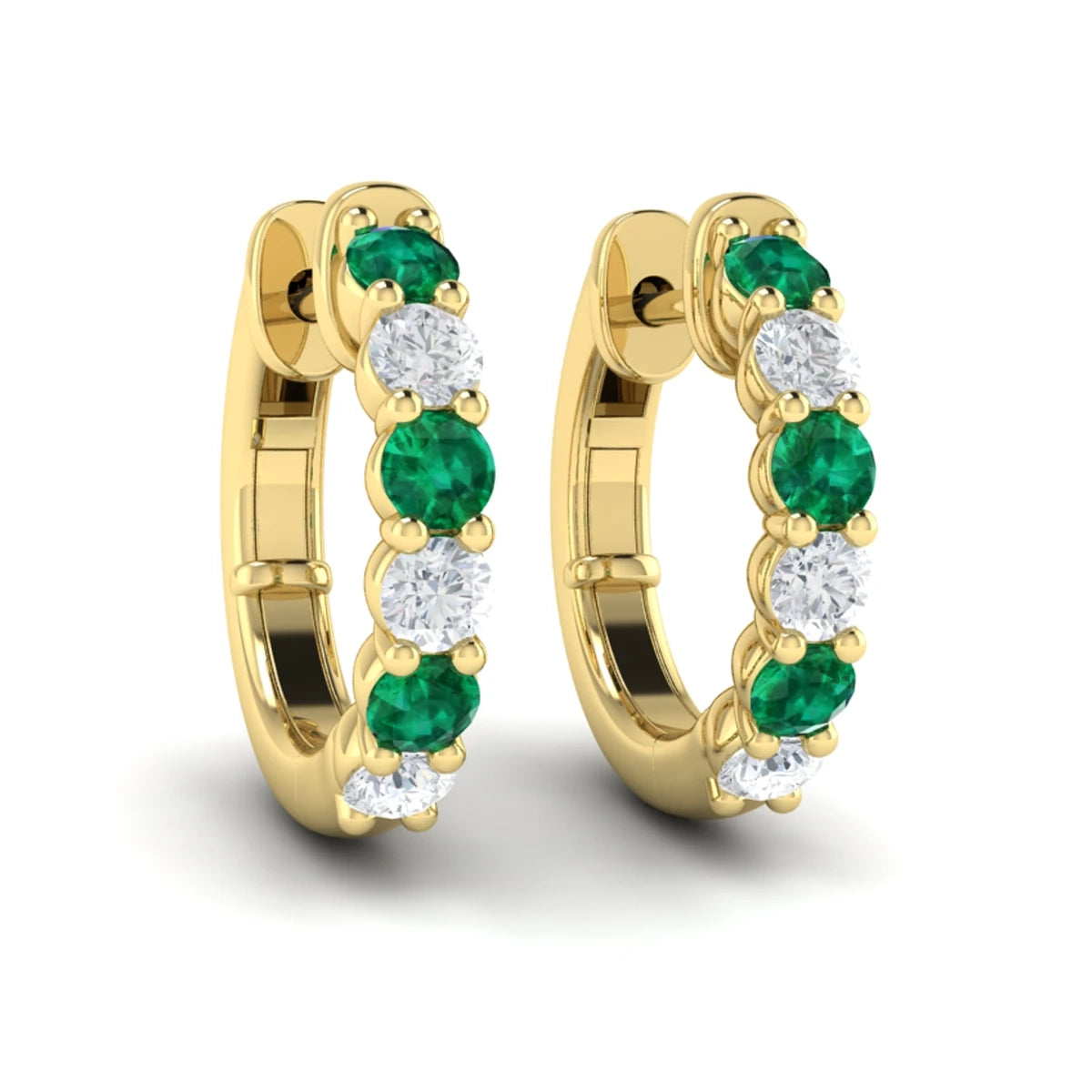 Forward-facing Diamond and Emerald Open Hoop Earrings Yellow Gold ...