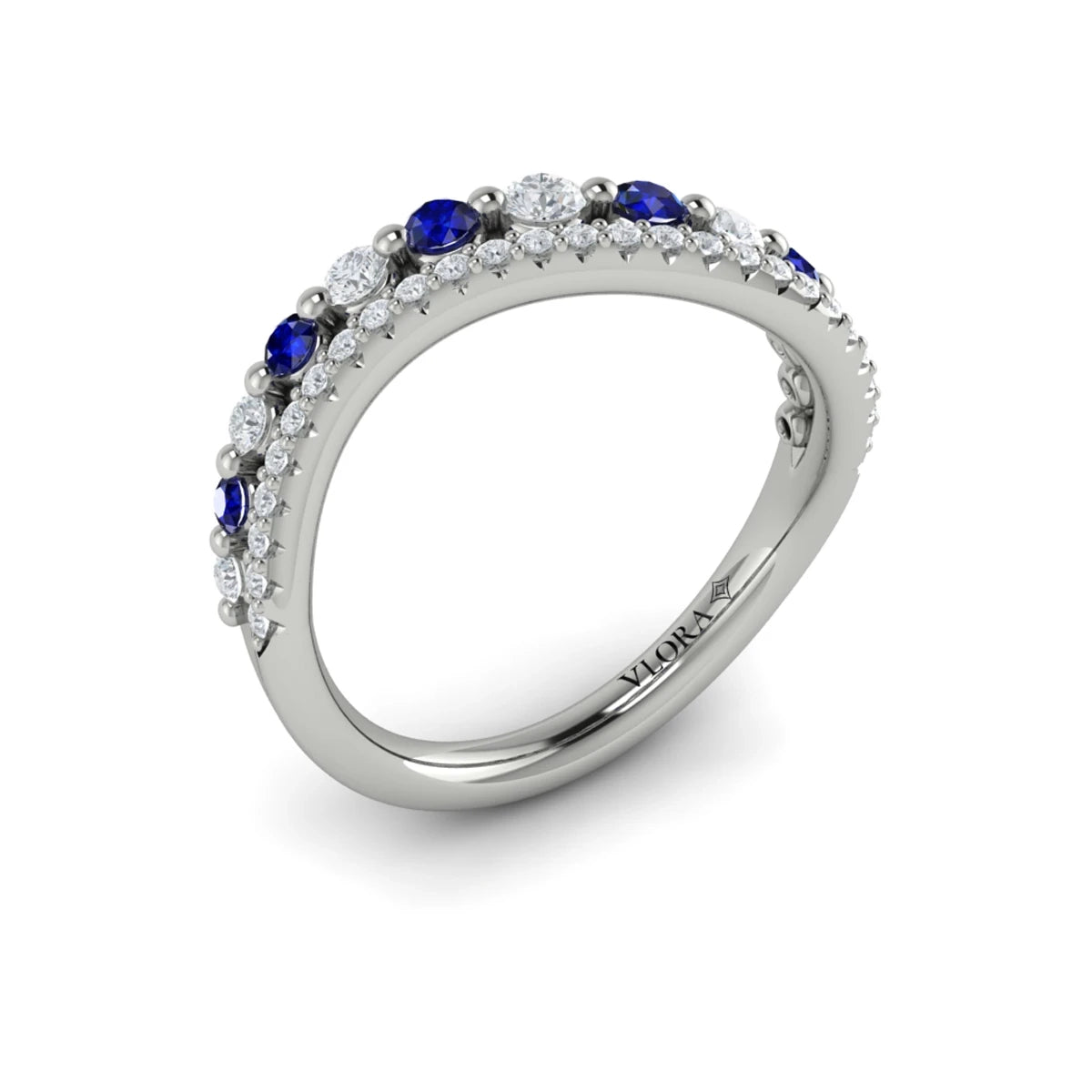 Diamond and Blue Sapphire Two Row Curved Ring White Gold – Ballantyne ...